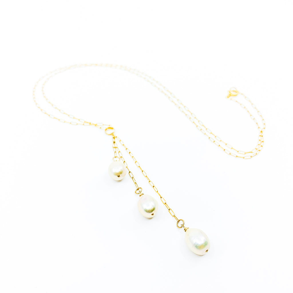 Waterfall Style Necklace with 3 White Pearls – Eve Black